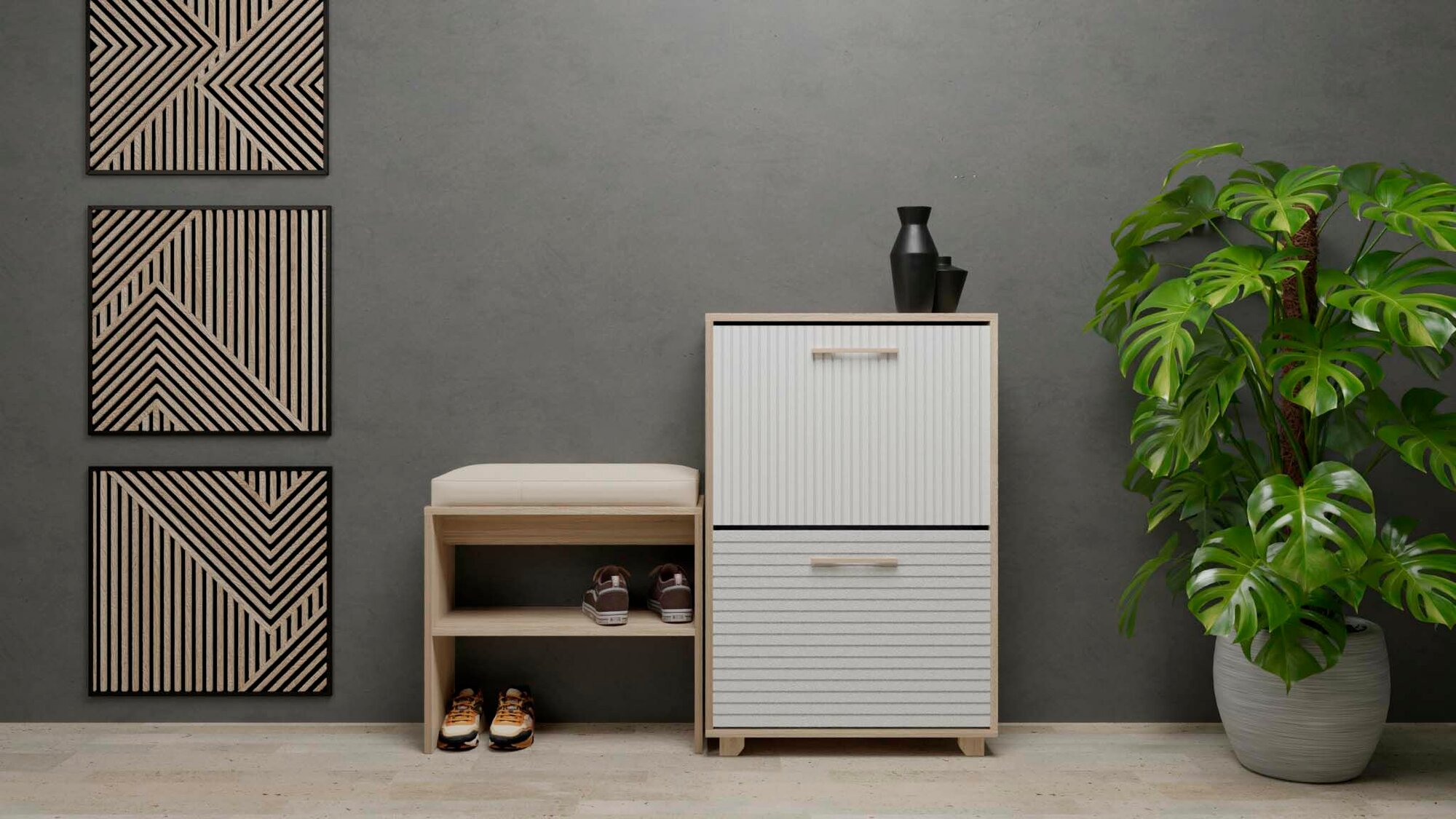 Обувница Копенгаген 2 ящика + скамья ЛДСП Дуб сонома/ МДФ Белый 95х120х30