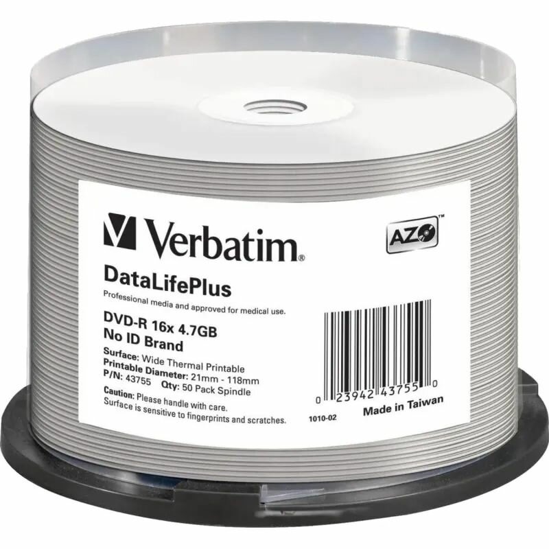 Носители информации Verbatim DVD-R, 4,7 Gb, 16х, Cake, Printable, 120 мм