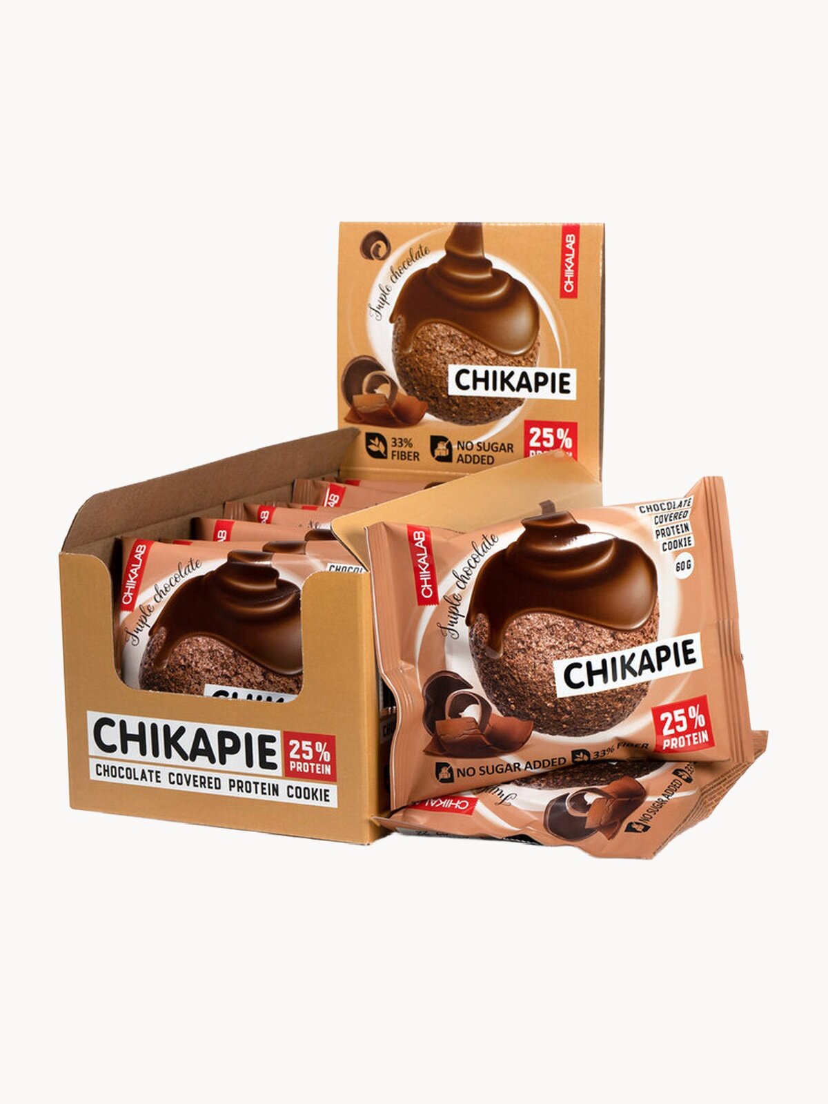 CHIKALAB Протеиновое печенье CHIKAPIE без сахара в шоколаде с начинкой "Тройной шоколад", 9шт х 60г