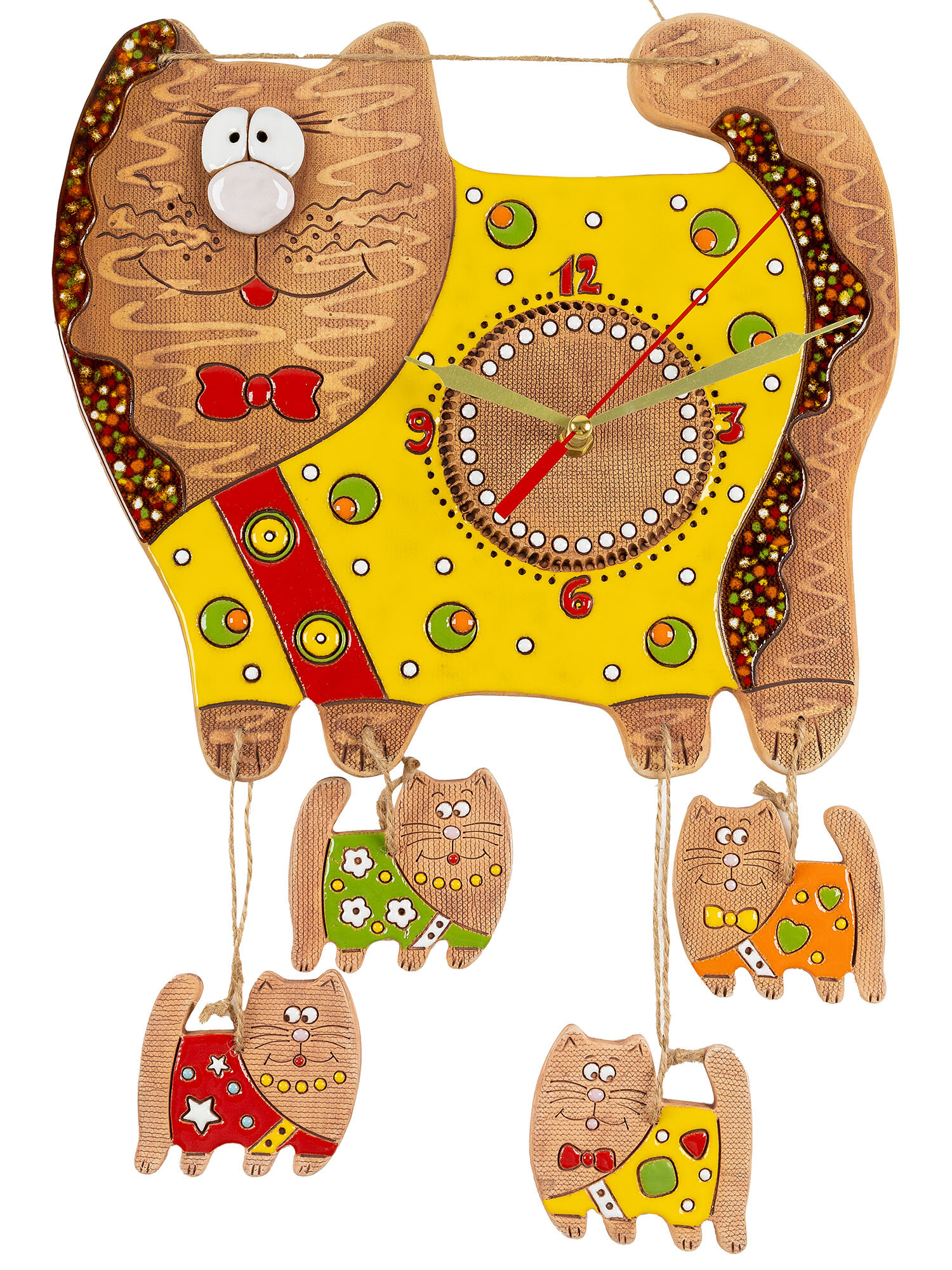 Часы настенные керамические ручной работы Кот с котятами (желтый фон) (КМА-ЧС-03)