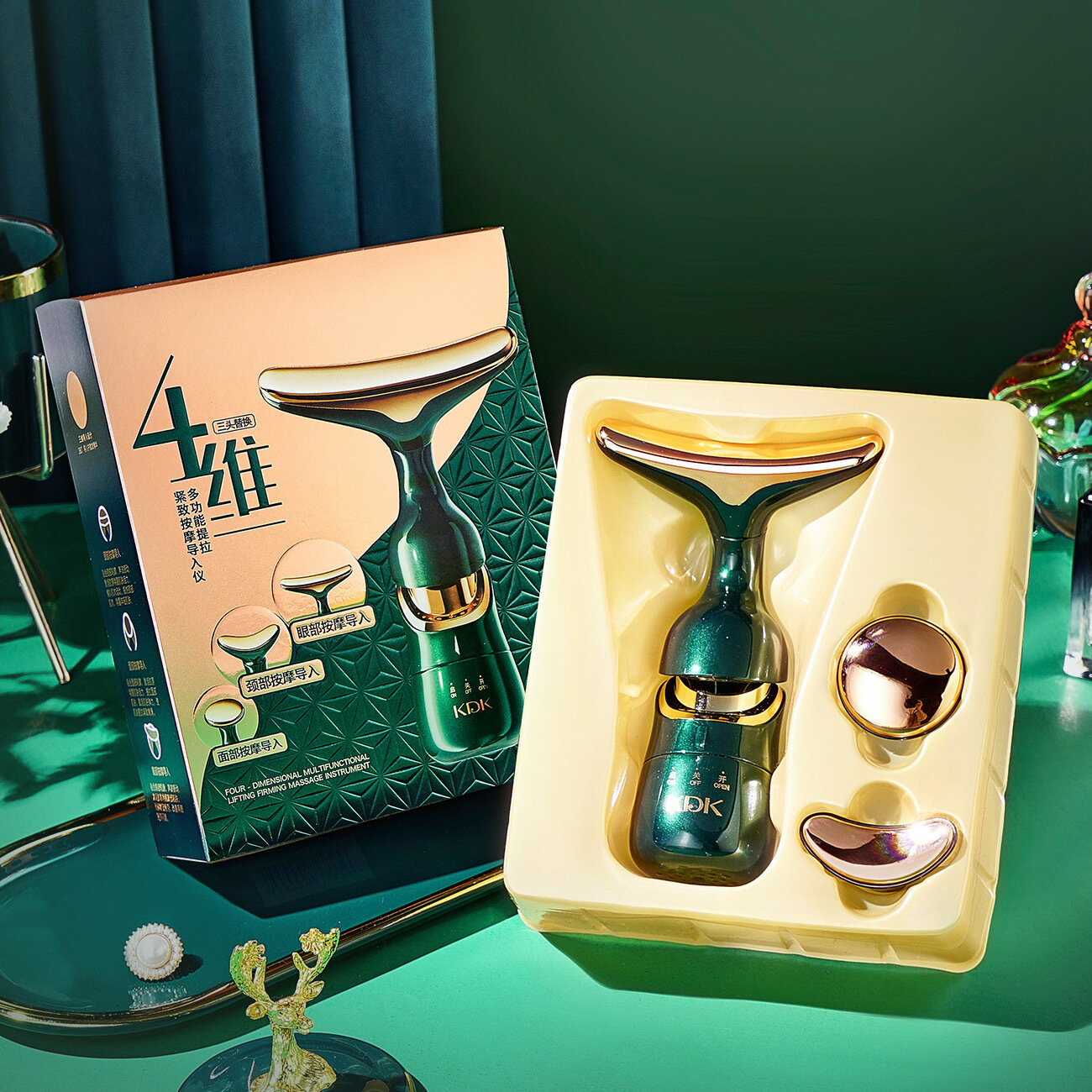 Электромассажер KDK Beauty Instrument, четырехмерный, для лица и тела, зеленый