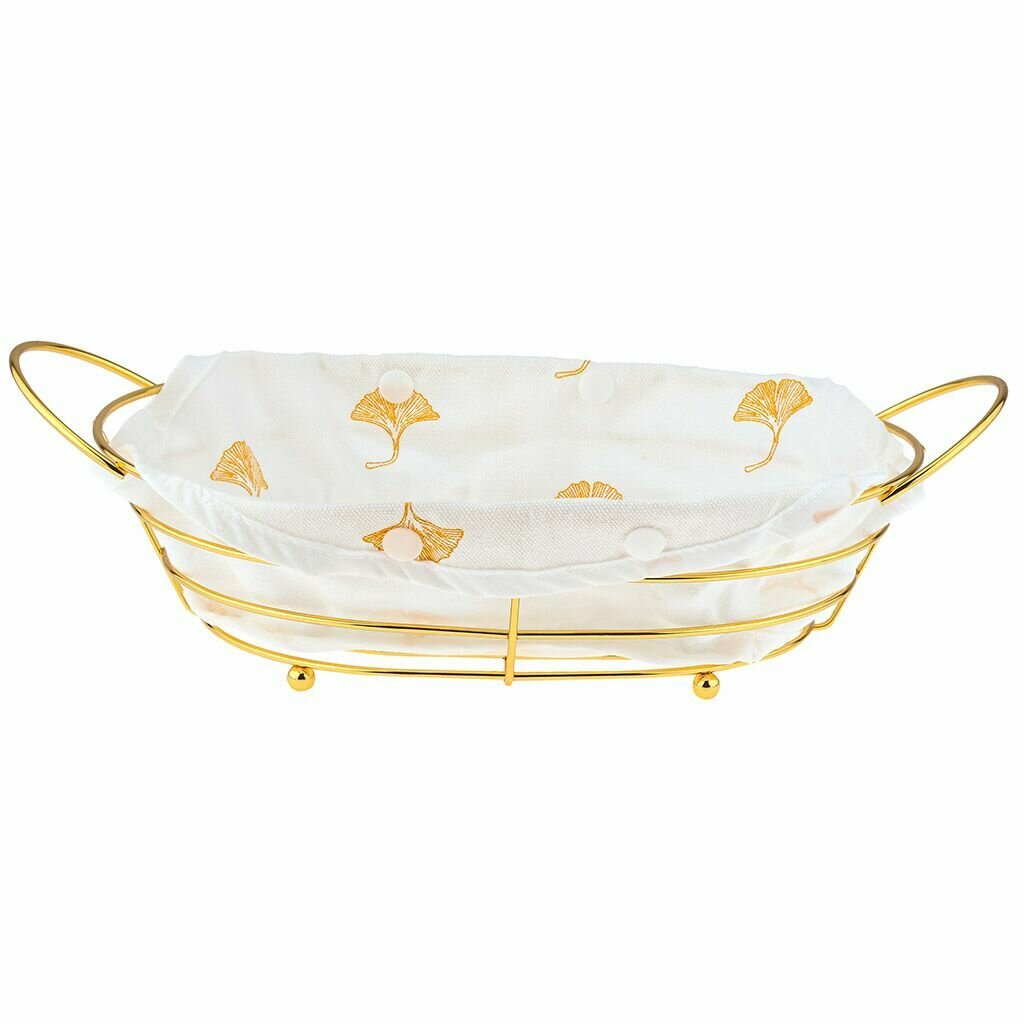 Корзина-сухарница КНР металлическая, окрашенная "Мечта", 26,5х20 см, высота 7 см, толщина 3 мм, форма "овальная" с ручками, на ножках, чехол хлопок на кнопках, цвет золотой (S008X)