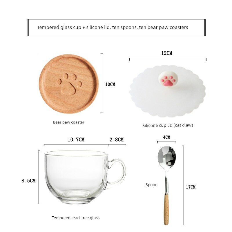 470 мл термостойкая стеклянная кашеварка с ложкой, силиконовой крышкой в виде кошачьей лапы и деревянной подставкой