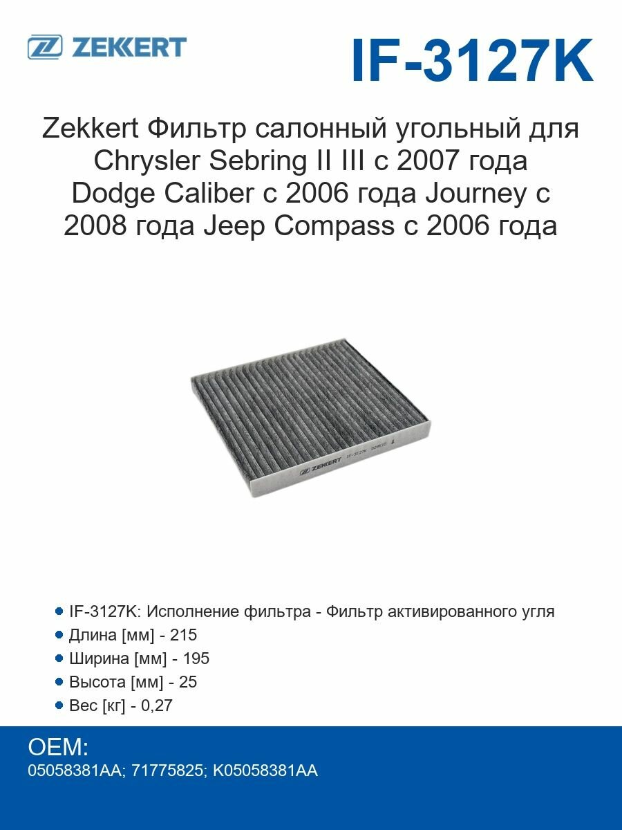 Zekkert Фильтр салонный угольный для Chrysler Sebring II III с 2007 года Dodge Caliber с 2006 года Journey с 2008 года Jeep Compass с 2006 года