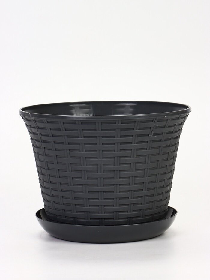 Кашпо для цветов «Ротанг», 8 л, d=27.5 см, h=20.5 см, пластиковое, с поддоном, серое