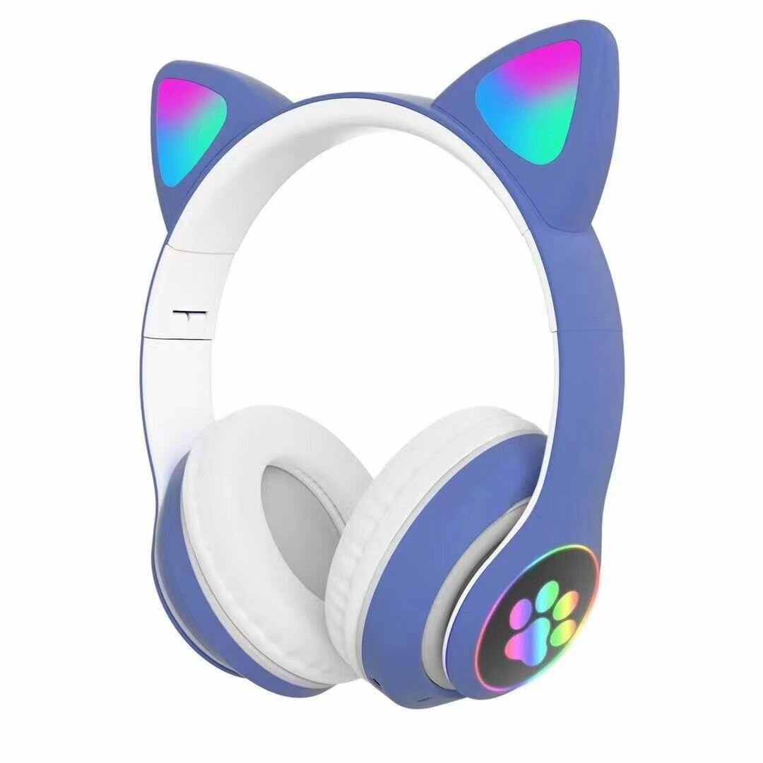 Беспроводные наушники с кошачьими ушками светодиодная подсветка Bluetooth 5.3 гарнитура синий белый