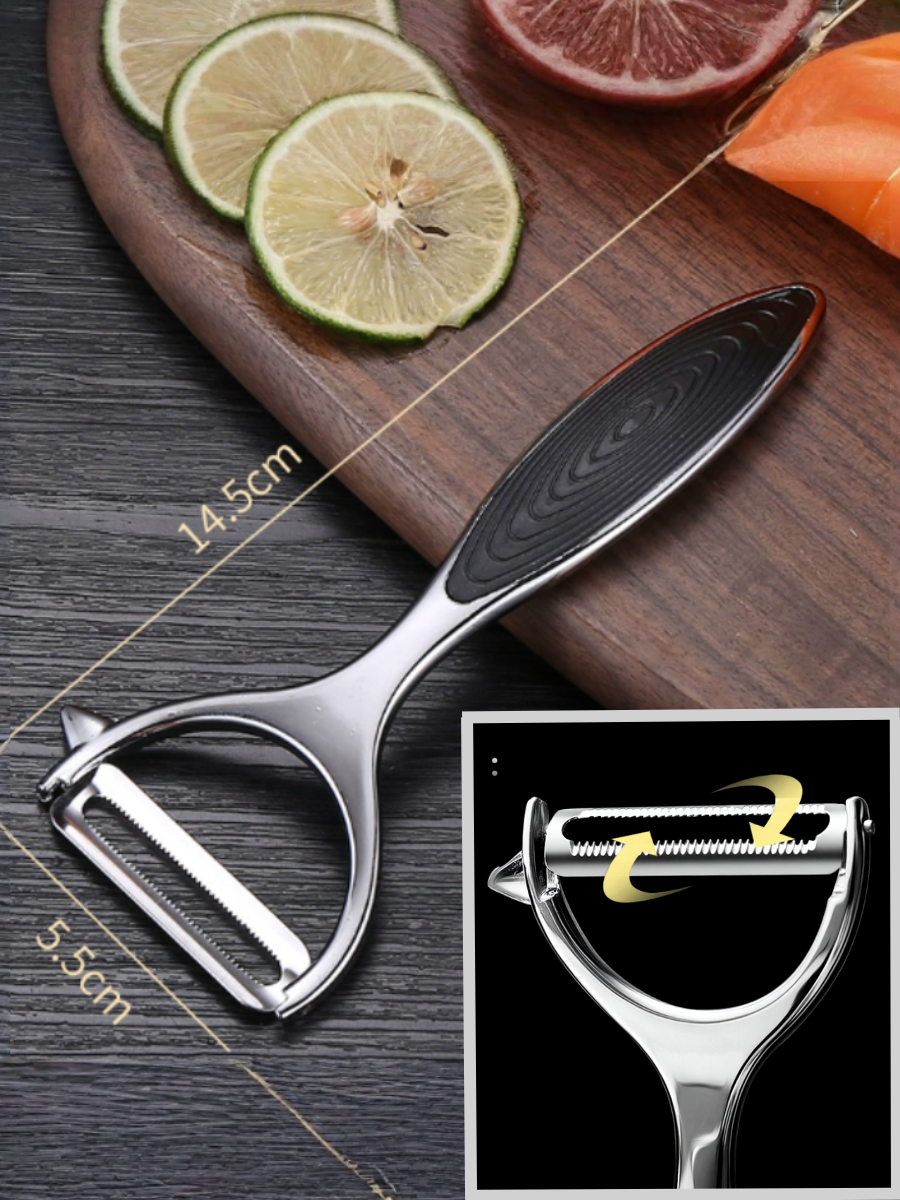 Овощечистка ручная металлическая для овощей и фруктов, горизонтальная, ребристое лезвие, нержавеющая сталь