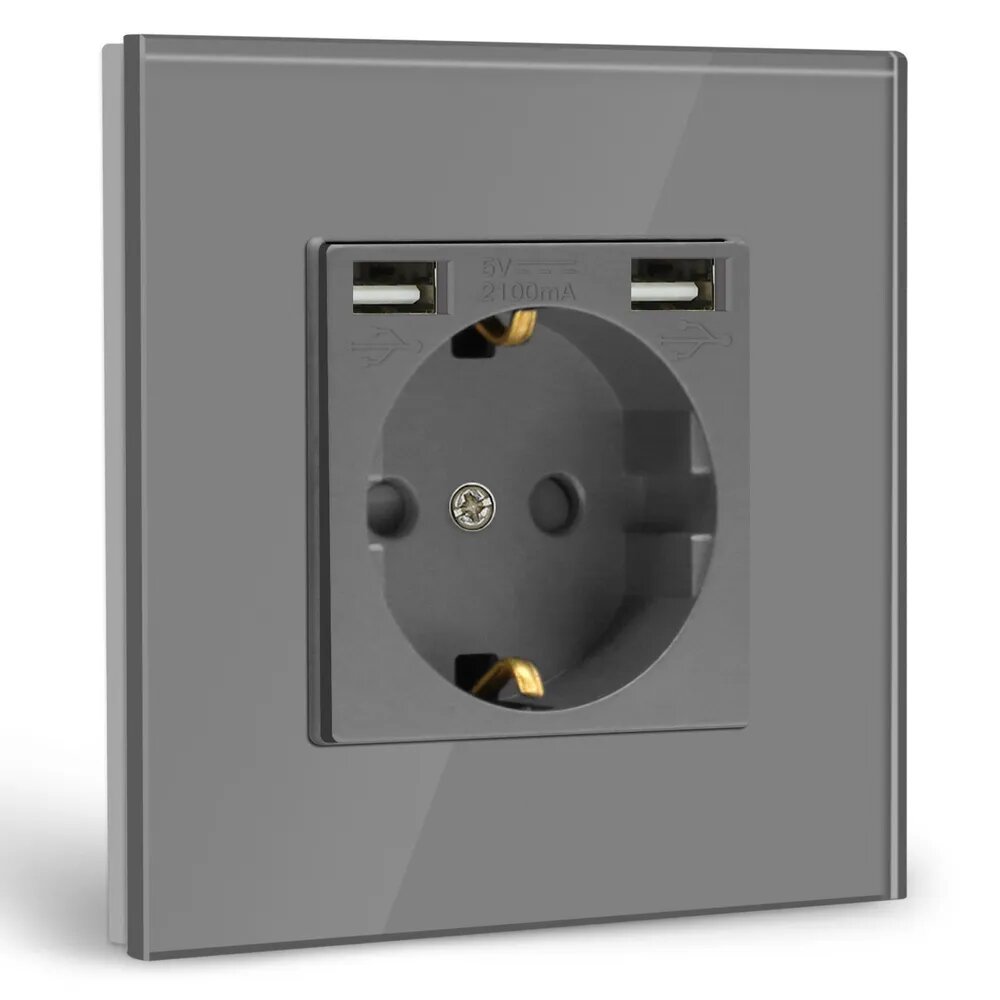 Розетка одинарная с USB, в стандартный подрозетник, рамка закаленное стекло Серая