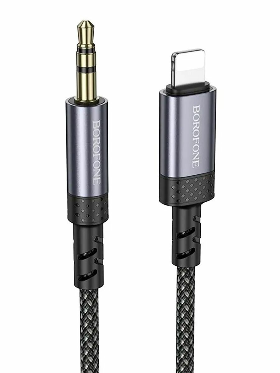 Аудио-переходник Borofone BL24 Lightning to 3.5мм Jack AUX, 1 метр, металлик / кабель аудио-конвертер на наушники для iPhone / провод аукс в машину