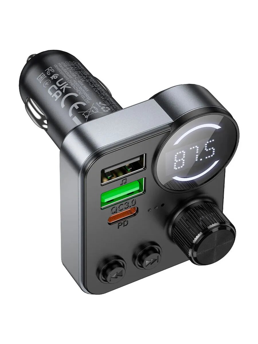 FM модулятор (трансмиттер) Hoco E86 Bluetooth 48W (2*USB + Type-C), PD30W+QC3.0, TF card, цвет черный — фото 1