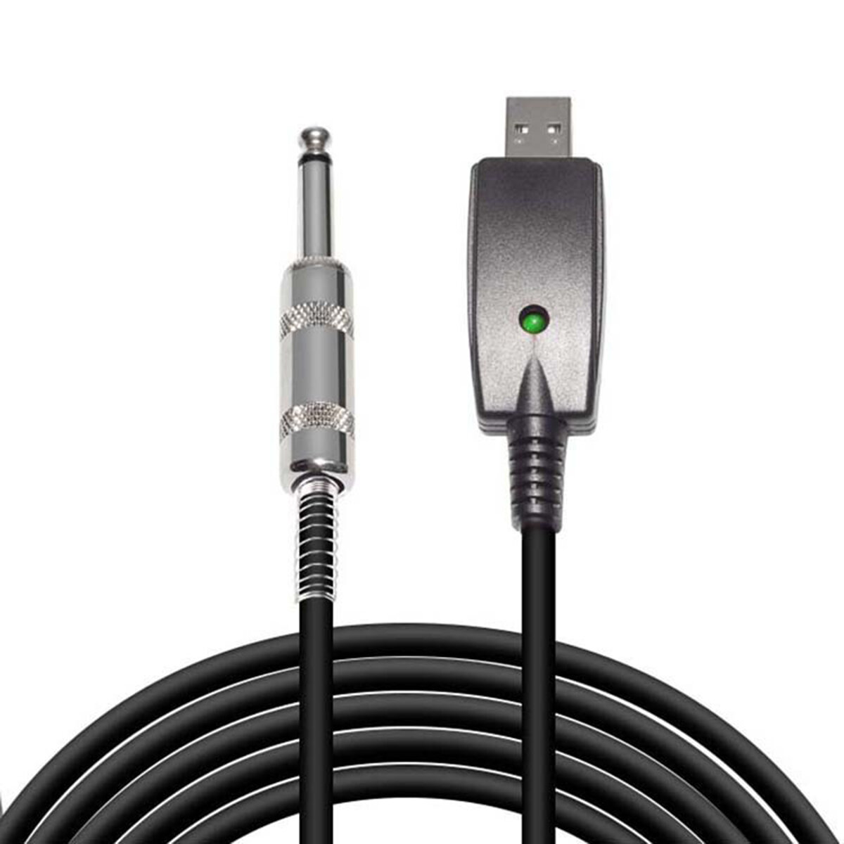 Кабель USB для гитары с интерфейсом USB Male на 6.35mm (1/4 дюйм) Mono для электрогитары, длина 2.8M, поддерживает 16bit 44.1 kHz и 48 kHz, совместим с Windows 98SE/2000/XP/Vista/Win7/8/10 и MacOS 09 или выше, вес 176g, в комплект входят 1 кабель и 1