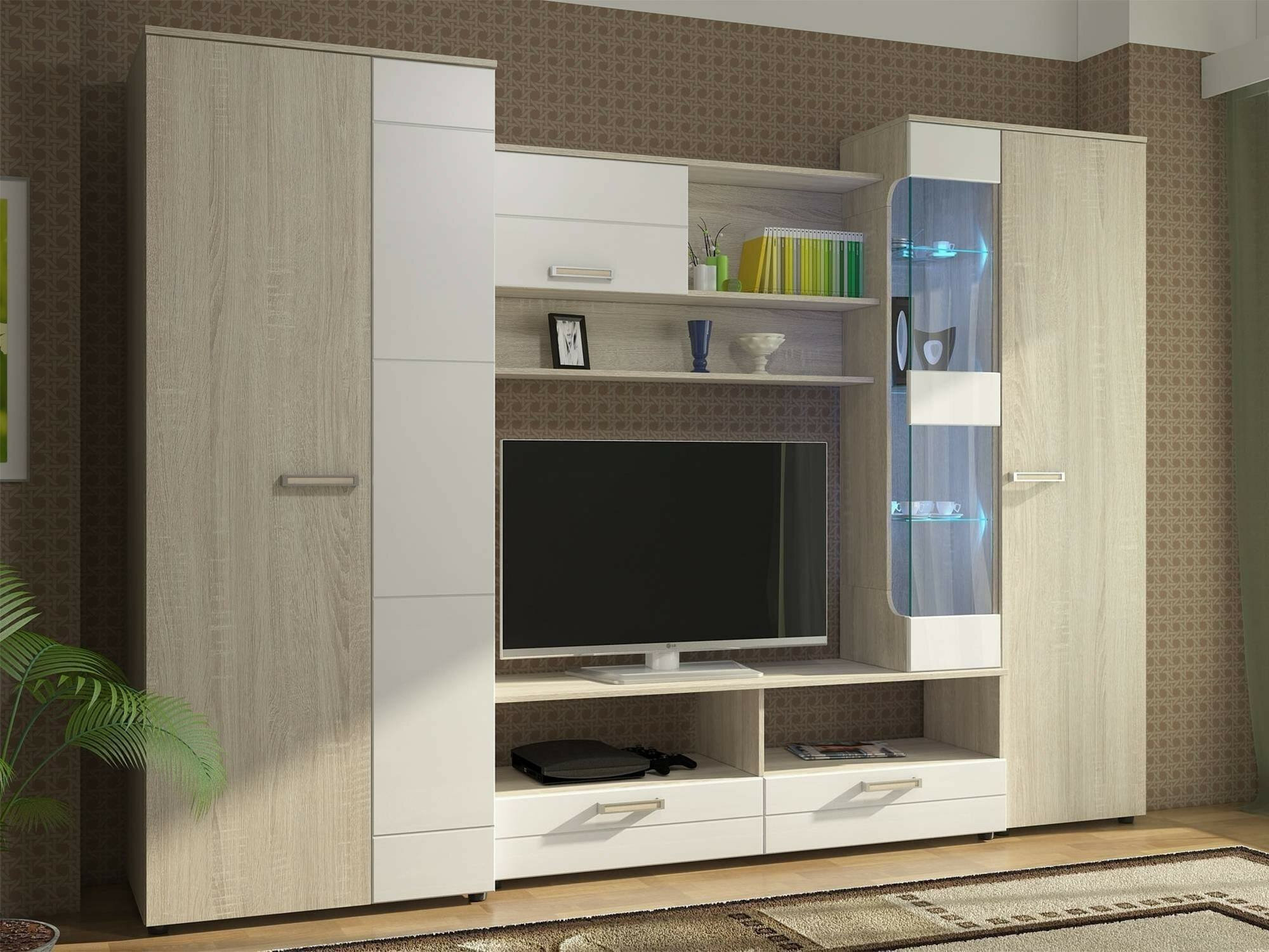 Гостиная в современном стиле, из ЛДСП, (Сонома/Белый глянец)