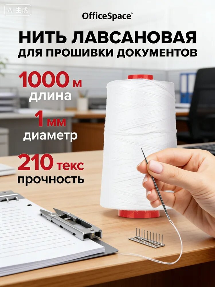 Нить для прошивки документов OfficeSpace, лавсановая, d1мм, 1000 м, ЛШ-210, белая