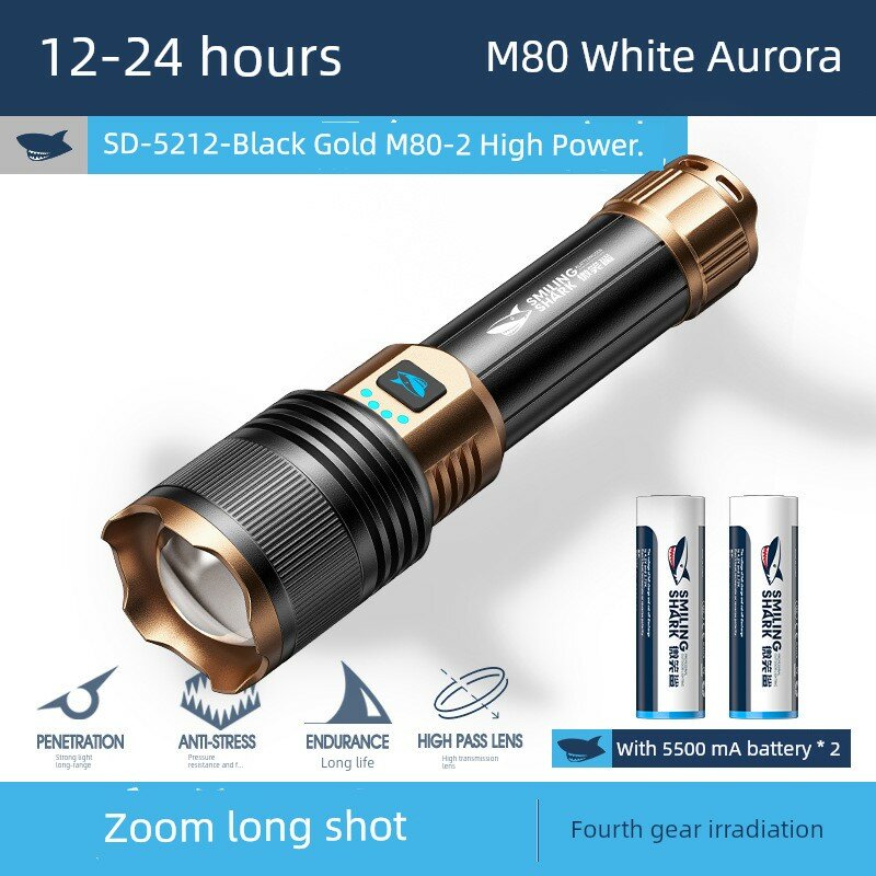 Фонарь Smiling Shark White Laser Ultra-Bright M80 Black Gold, сверхъяркий, с зумом, для активного отдыха, спелеологии,