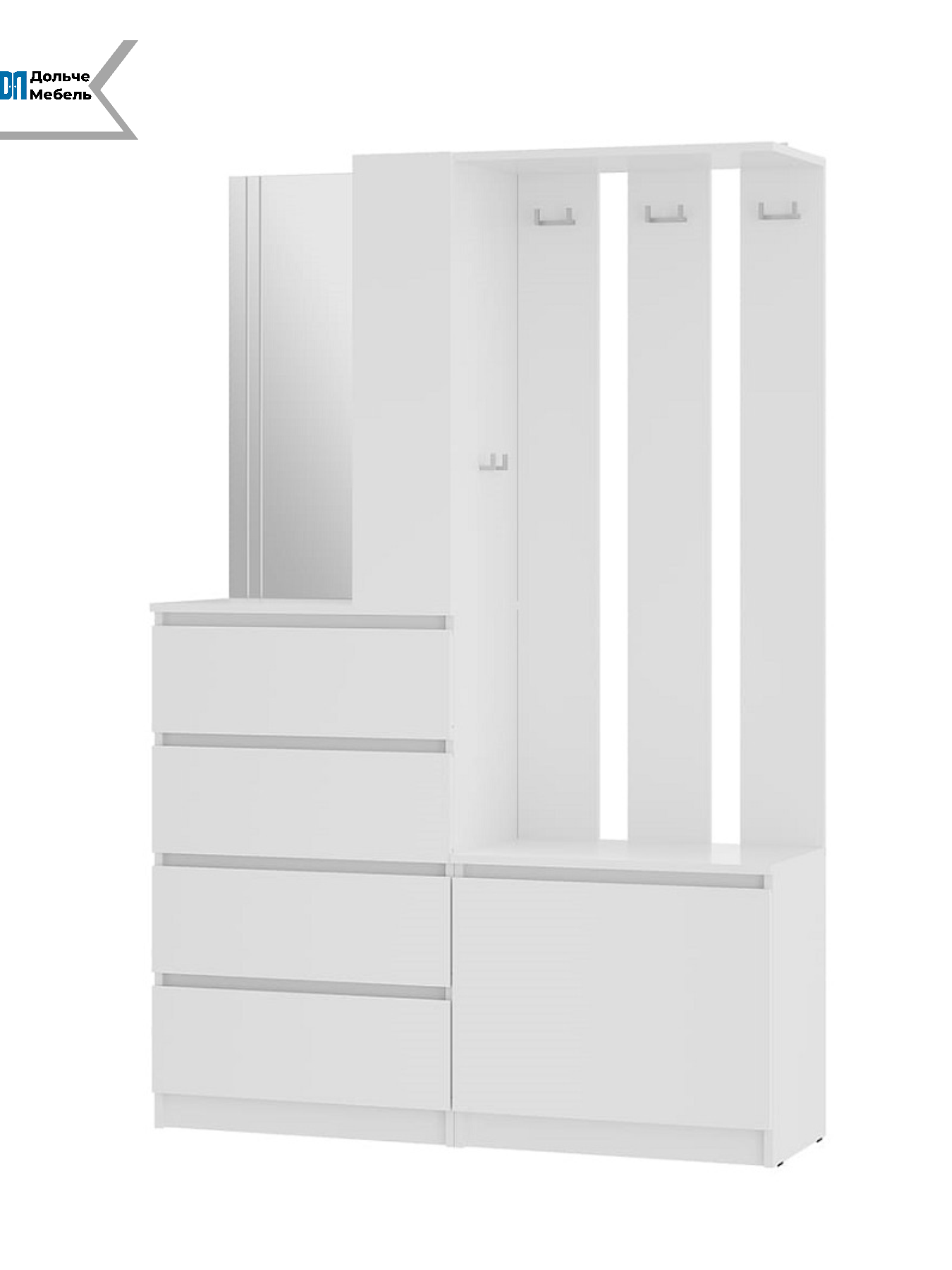 Прихожая мебель в коридор с зеркалом БТС Мебель Симпл ПР-04, 120 см, белая, с обувницей и вешалкой