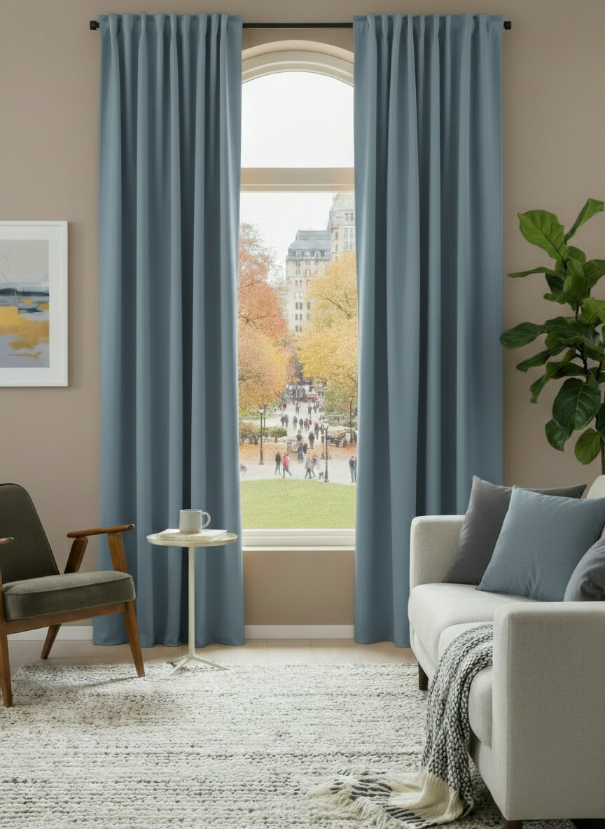 Шторы блэкаут Икеа Майгулл на ленте, 145х250 см, полиэстер, 2 полотна, серо-голубой