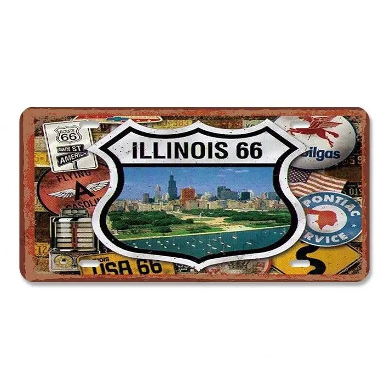 Металлический знак Illinois 66, Route 66, розово-красный
