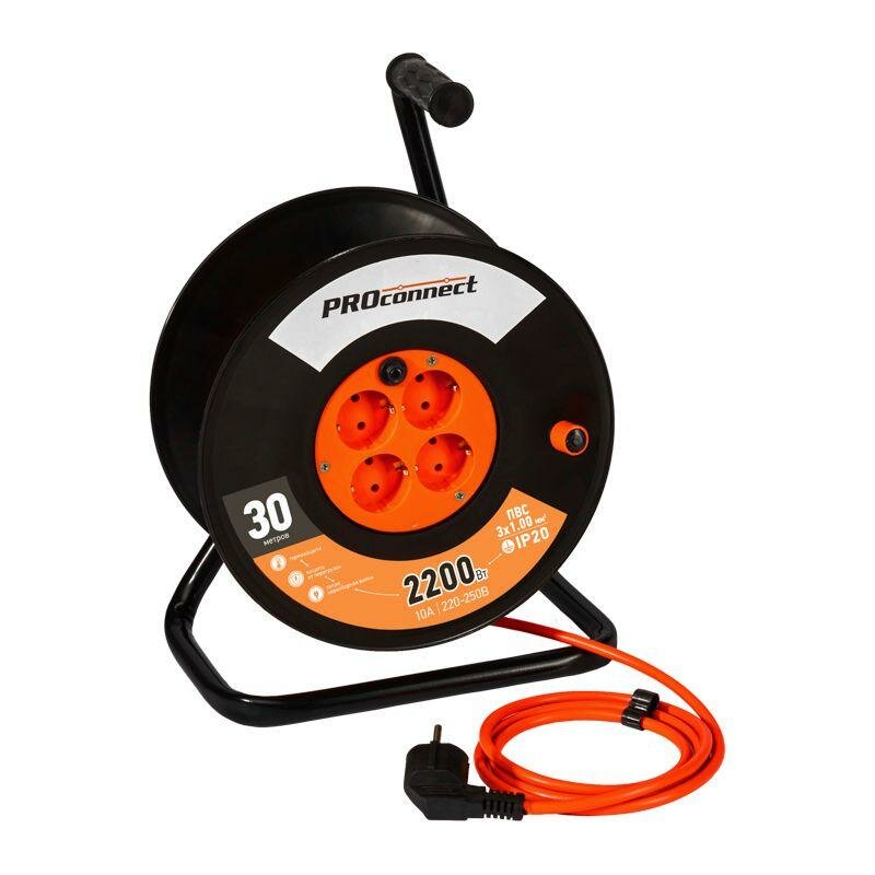 Удлинитель на катушке 4х30м с заземл. 10А IP20 Standart ПВС 3х1 PROCONNECT 11-7605