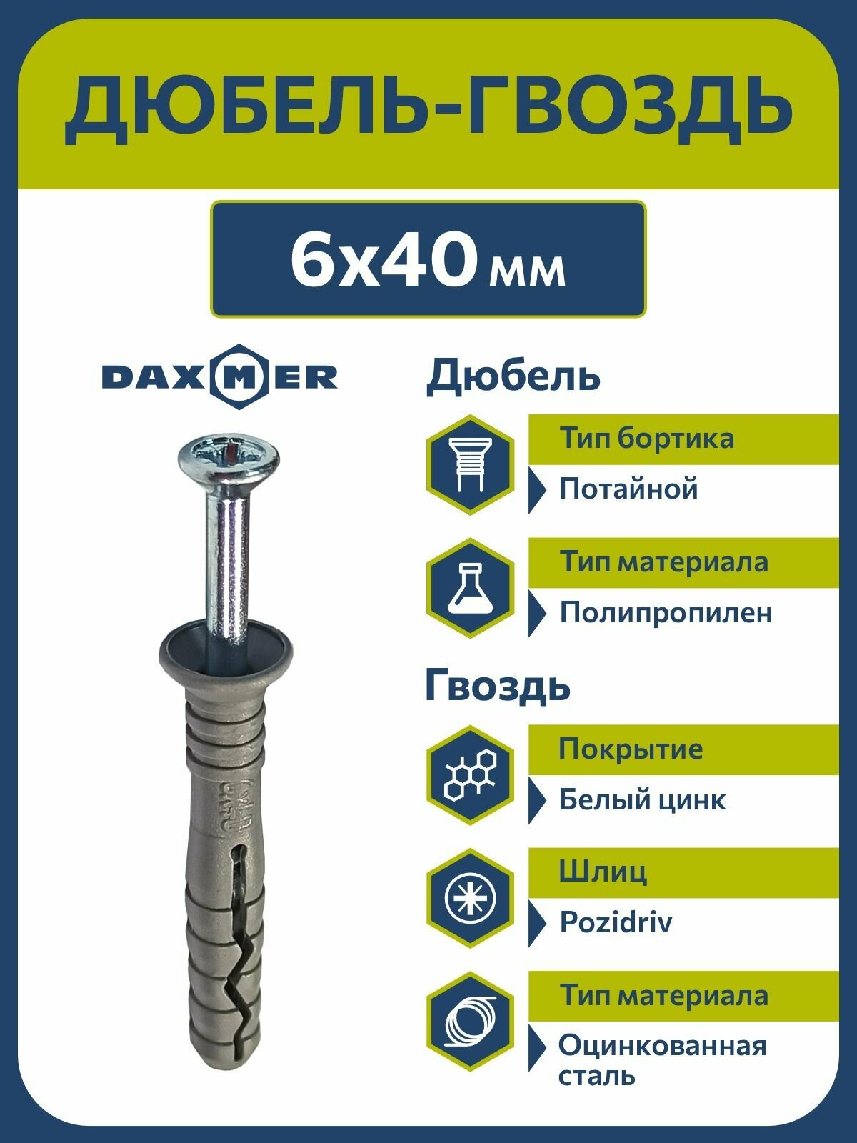 Дюбель-гвоздь 6х40 с потайным бортиком (200 шт)
