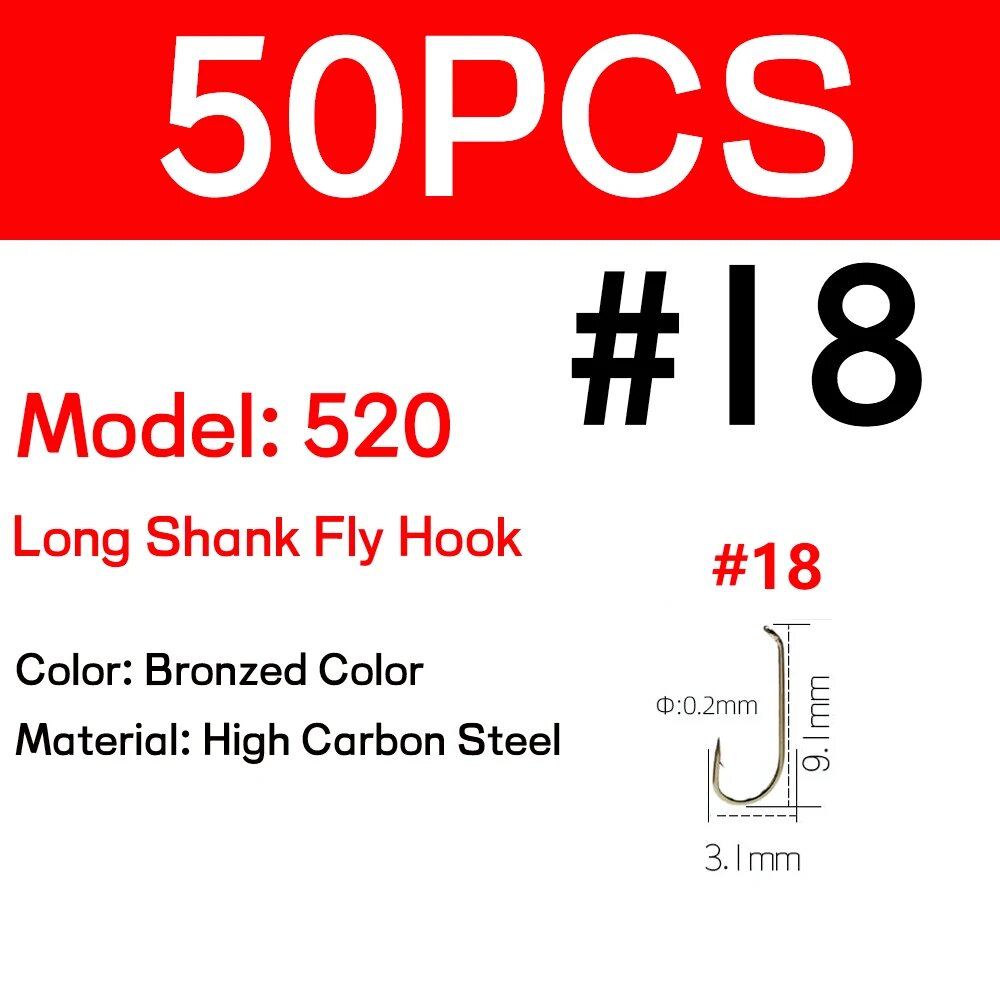 WIFREO Рыболовные крючки для нахлыста 50pcs size 18