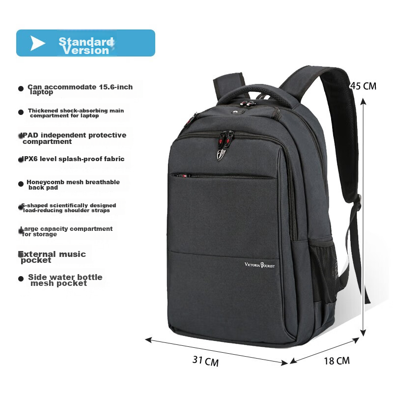 VICTORIATOURIST Backpack Laptop Bag 15.6-Inch Notebook Bag, Men's Water-Resistant Backpack V9006 Black