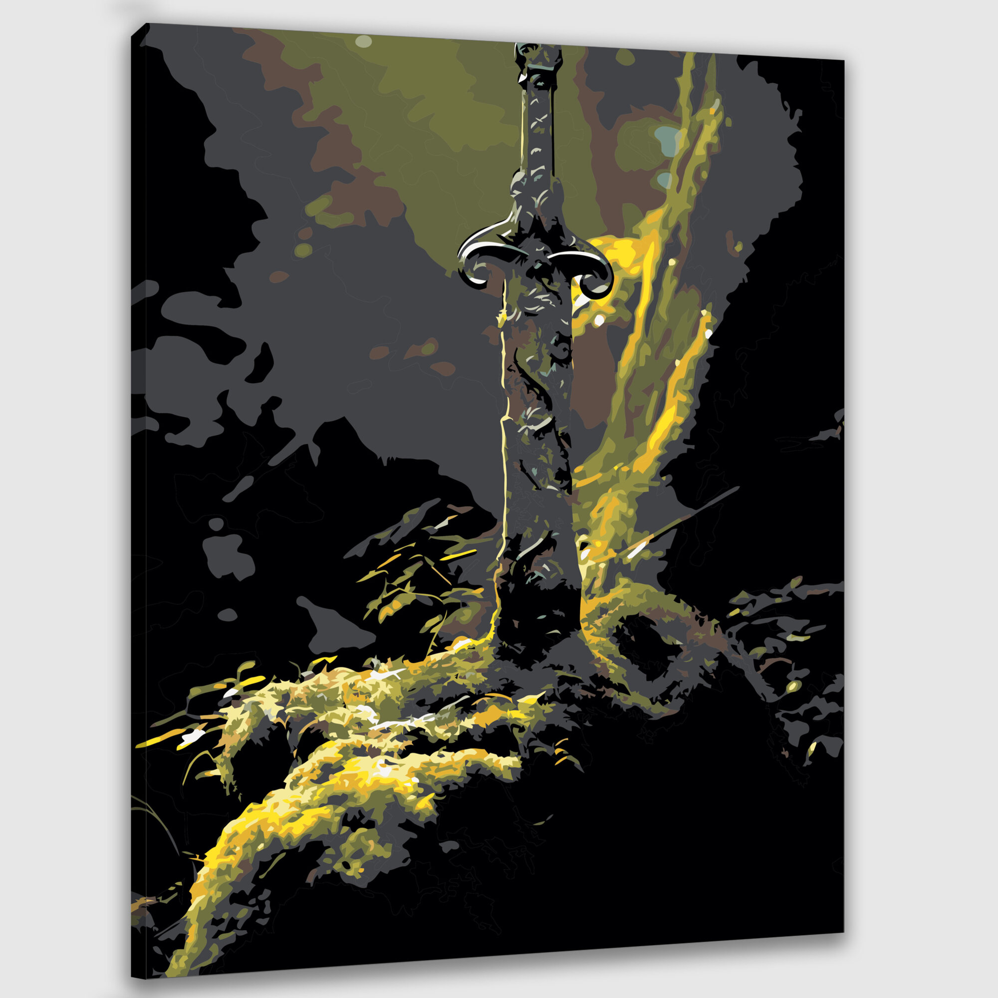 Картина по номерам 40x50 см, Меч, камень, мох, листва, лес, история, легенда, солнечный свет, навес, сияние, цвета