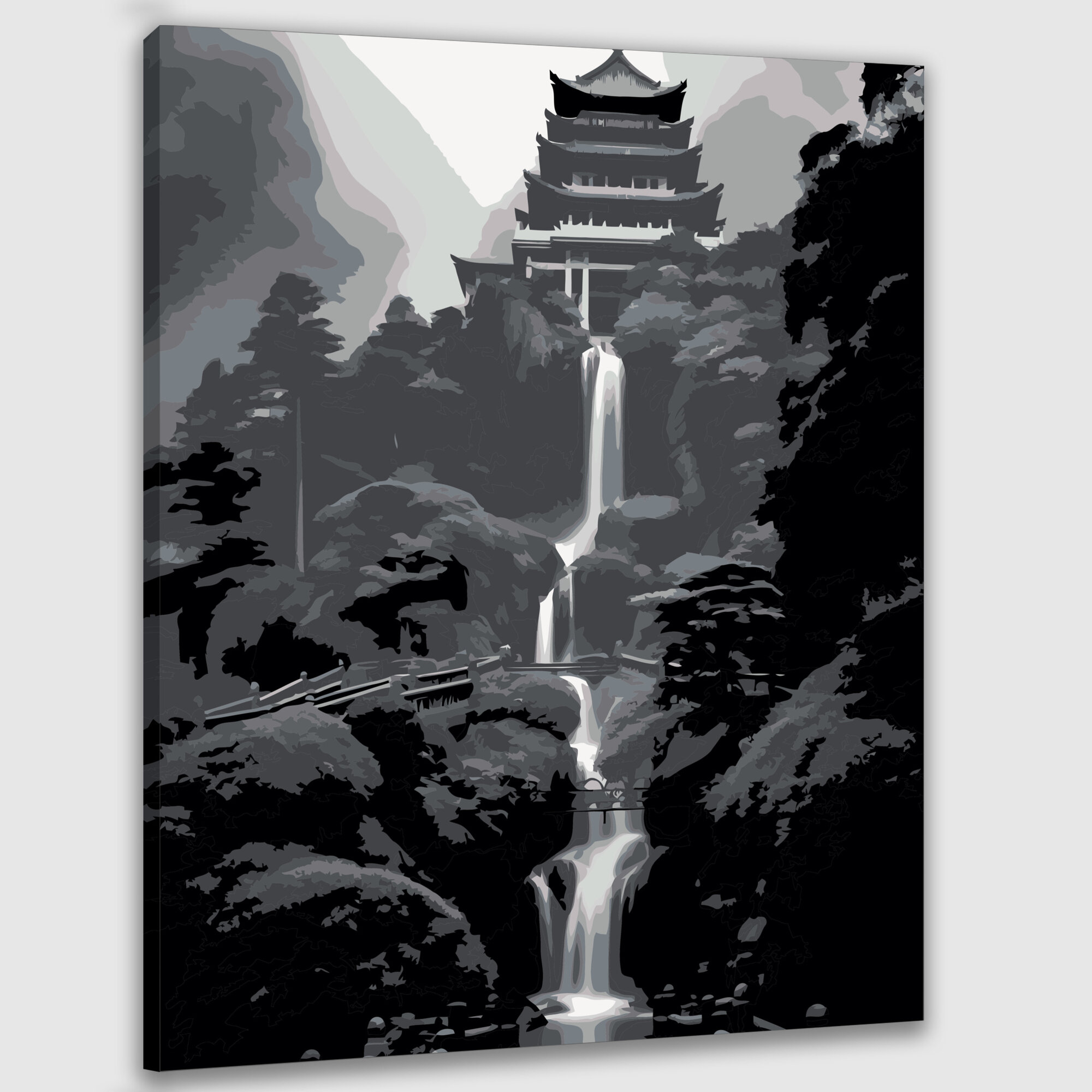 Картина по номерам 40x50 см, фотография, черно-белая, буддийский храм, горы, зелень, атмосфера, равновесие, природа