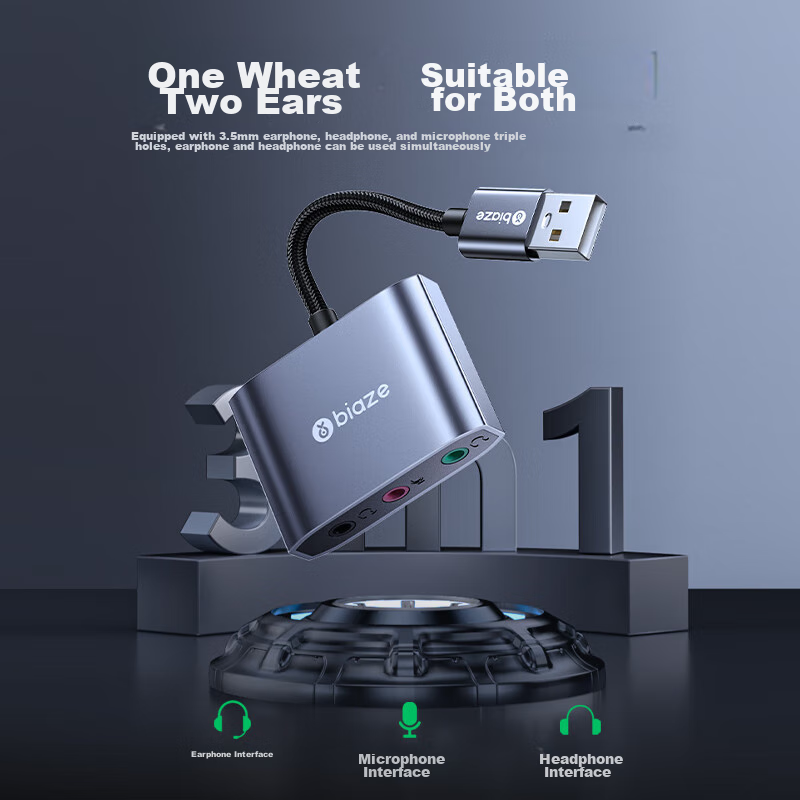 Biaze USB to 3.5mm External Sound Card, Plug-And for Laptops And Desktop Computers, PS5 Independent Two-In Sound Card, Headphones, Microphone Converter, Stereo