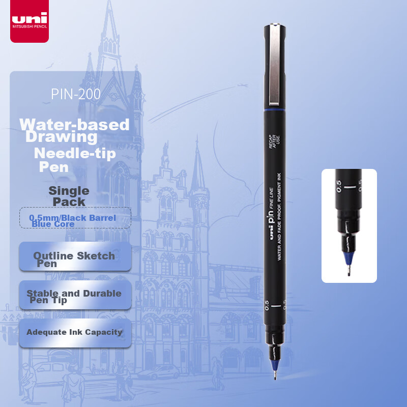 Mitsubishi (Uni) 0.5mm Water-Based Drawing Needle Pen, PIN-200 Art Design Outlining Pen, Black Barrel with Blue Ink, Single Pen
