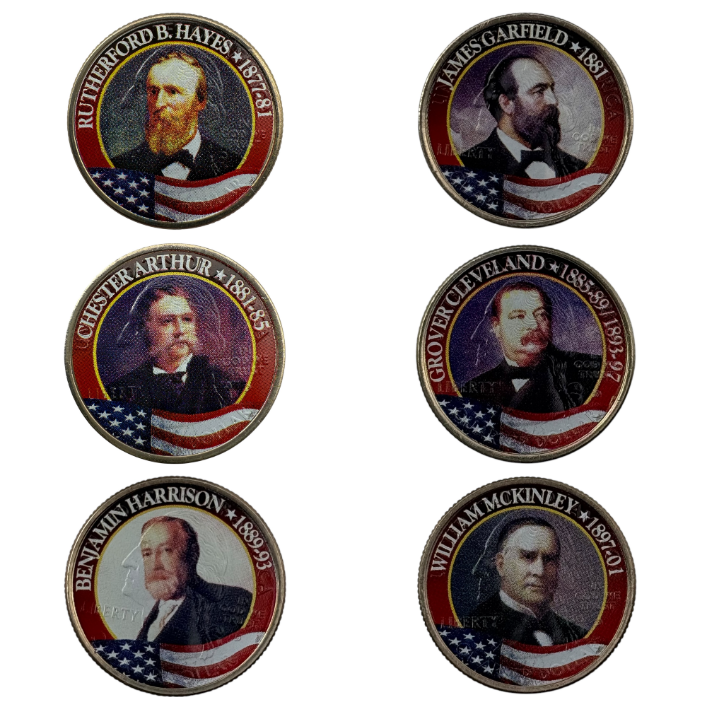 США, набор из 6 монет 25 центов (1/4 доллара) "Президенты США 1877-1901 гг." 2002 г.