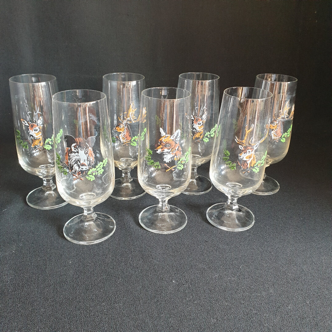 Набор из 7 бокалов на низкой ножке с лесными зверями, стекло, СССР