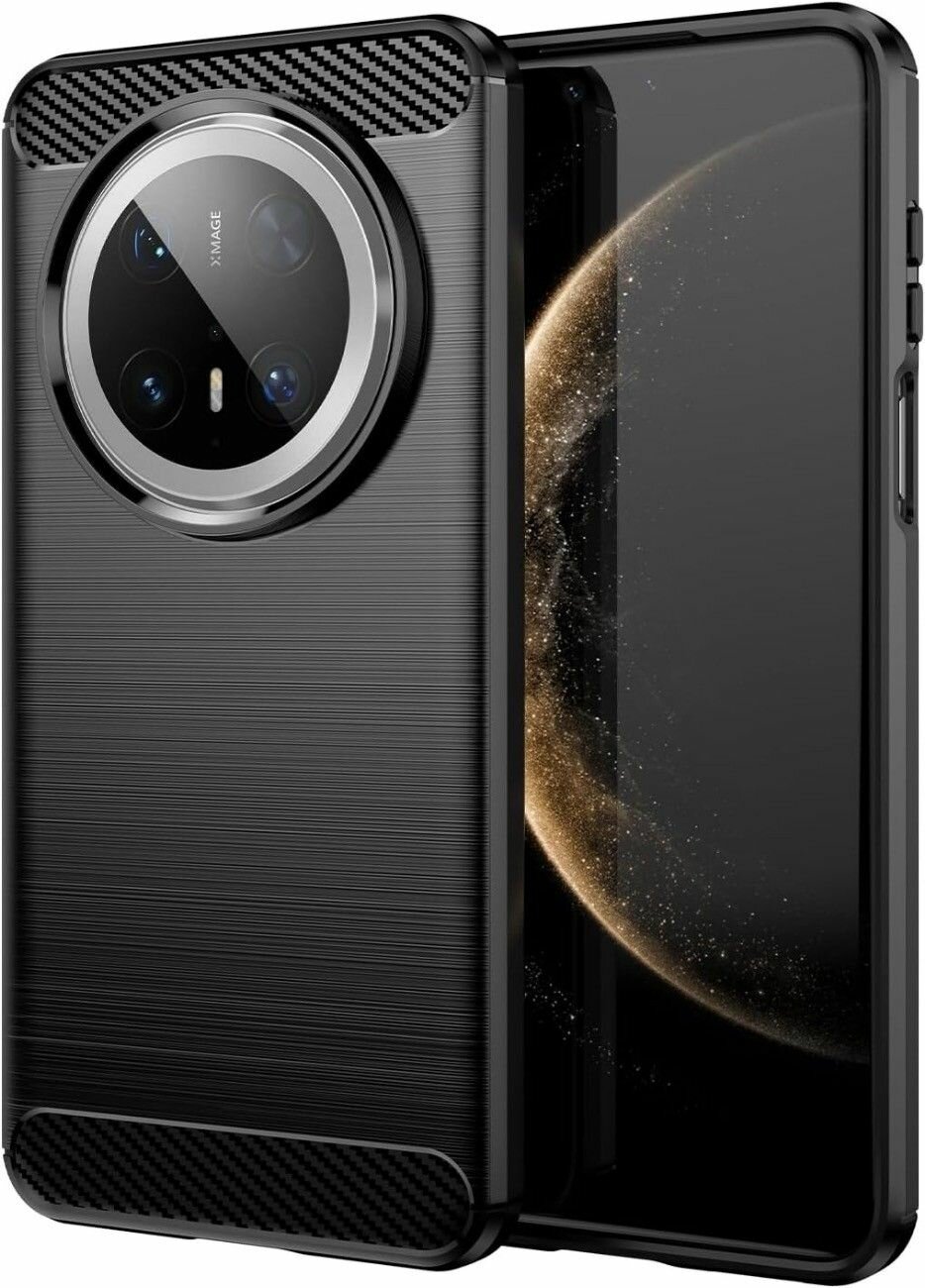 Чехол на Huawei Mate 70 Pro силиконовый карбон сталь чёрный противоударный