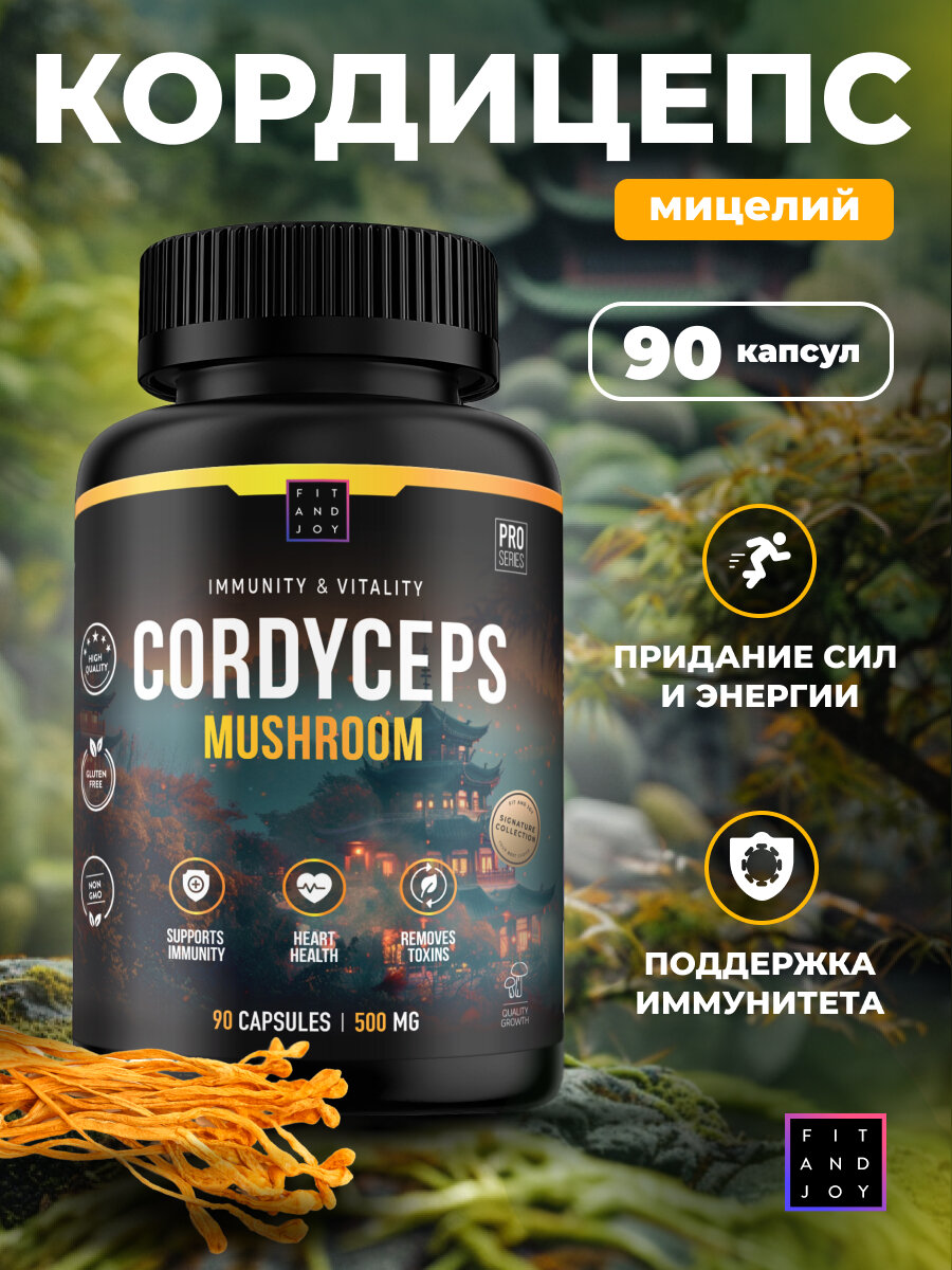 Кордицепс в капсулах Fit and Joy мицелий гриба витамины для энергии и бодрости, 90 капсул