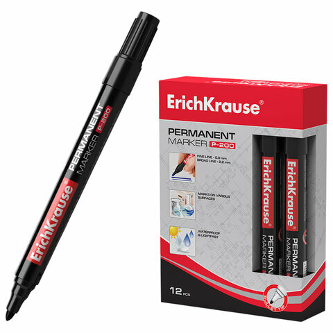 Маркер перманентный ERICH KRAUSE "P-200", черный, 0,8-2 мм, 4777: 12 штук