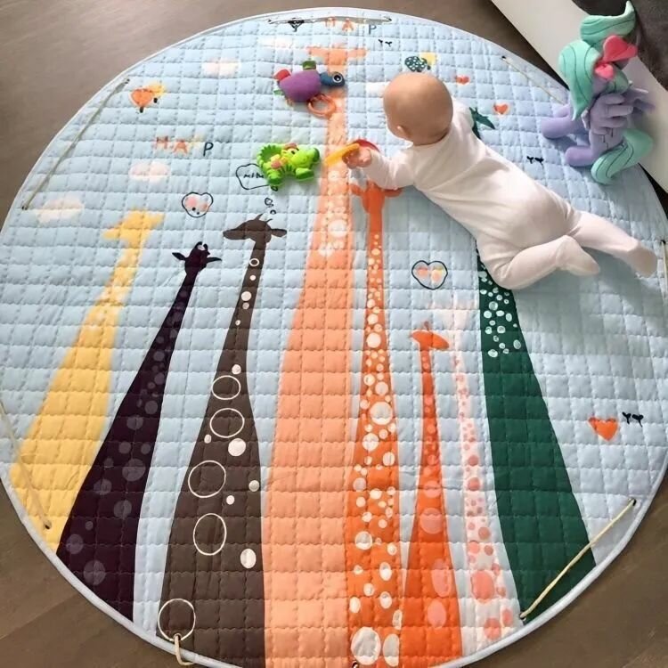 Детский коврик мешок для ползания малыша на пол "Жирафики", ковер в детскую комнату круглый развивающий игровой мягкий теплый для новорожденных младенцев 150 см