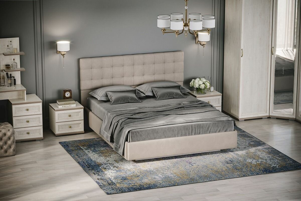 Кровать двухспальная 160х200 мягкая спинка Бежевый ткань/Квадро Бежевый ткань