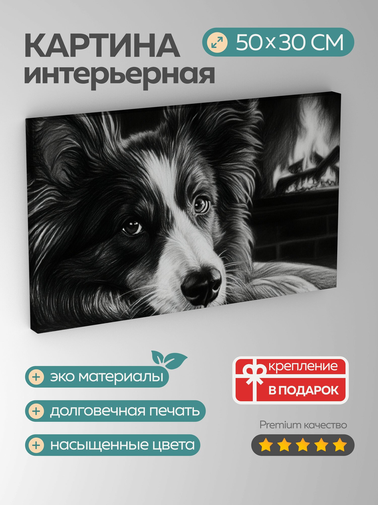 Картина на холсте интерьерная 50х30 см, Колли, уголь, взгляд, лицо, штрихи, детали, камин, тепло, уют, реализм, рисунок