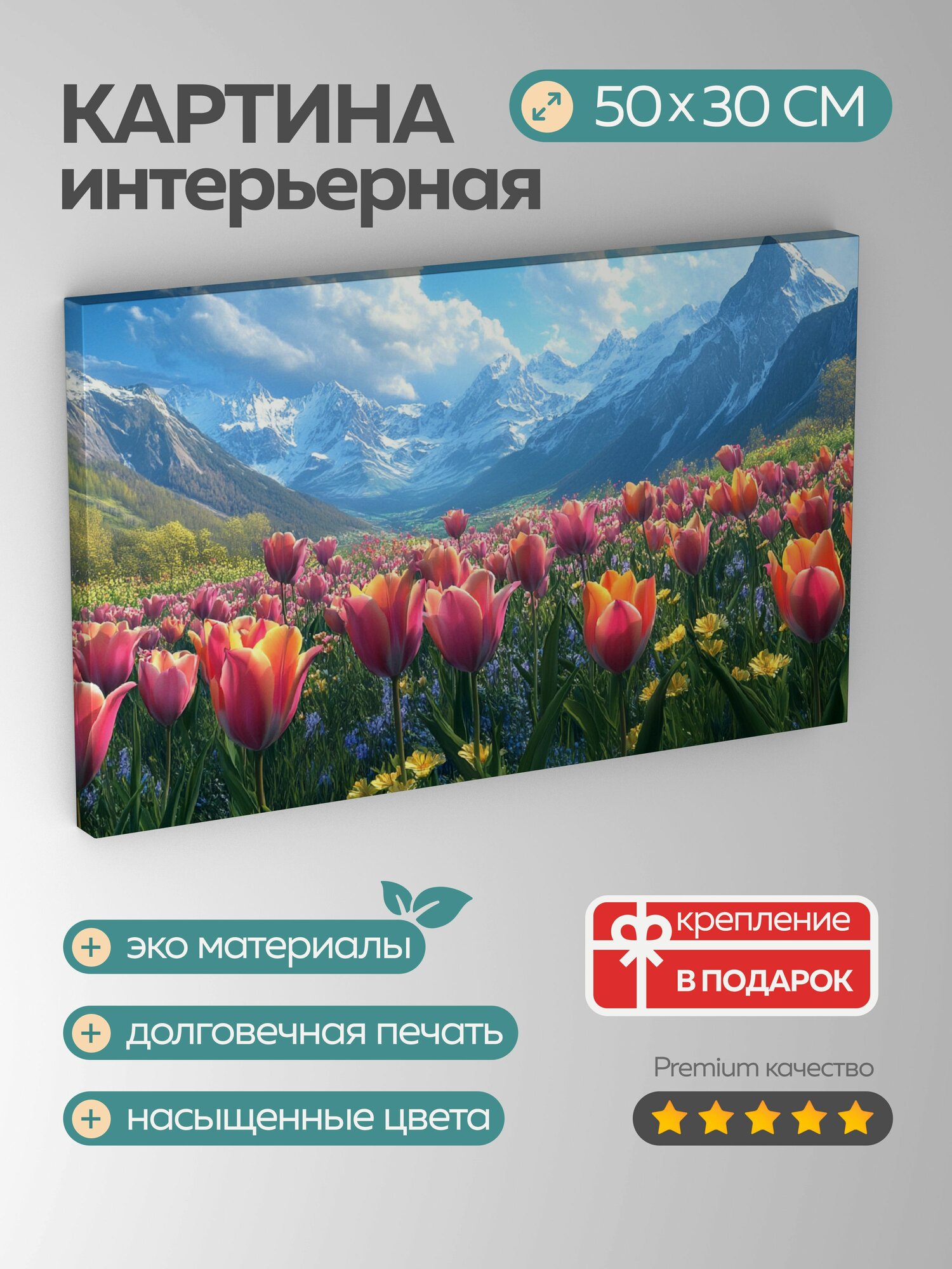 Картина на холсте интерьерная 50х30 см, Тюльпаны, весна, пейзаж, горы, небо, яркие цвета, живопись, высокое разрешение