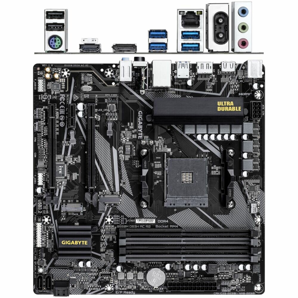 Материнская плата Gigabyte B550M DS3H AC R2 Socket-AM4 AMD B550 4xDDR4, 4xSATA3, RAID, 2xM.2, 2xPCI-E16x, 4xUSB3.2, DP, HDMI, WiFi, Glan, mATX Ret
