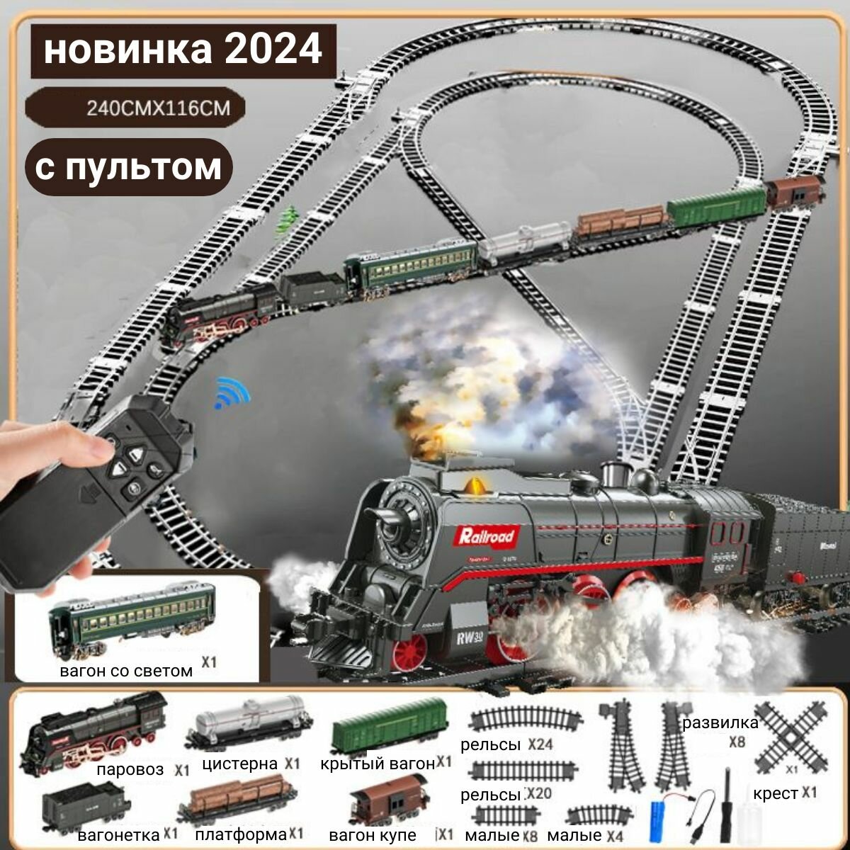 Железная дорога, со старым паровозом, пульт управления, эффекты звук/дым, оливковая