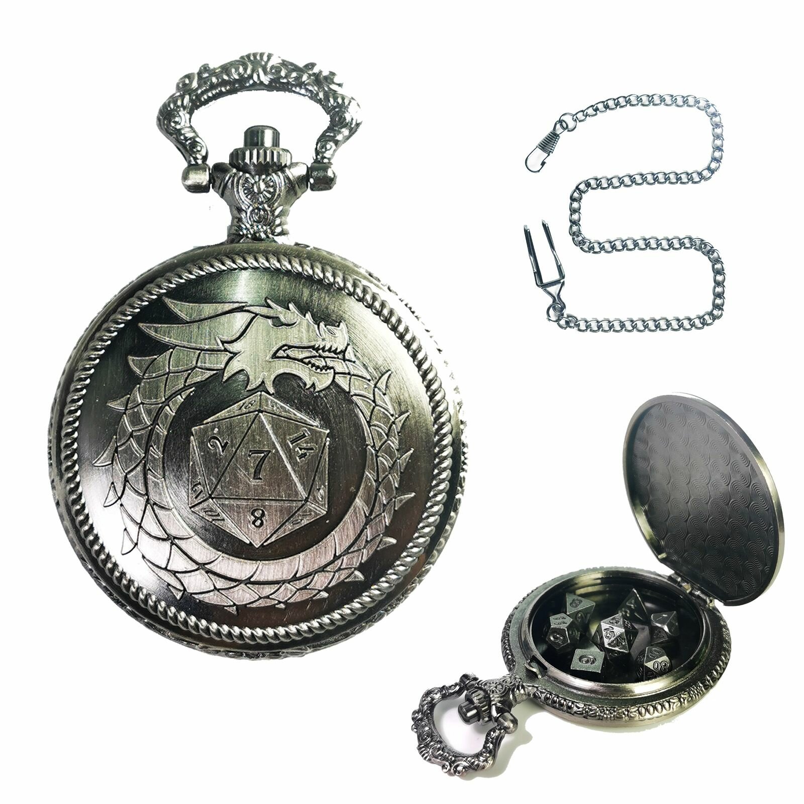 Мини-набор кубиков днд в часах - 7 шт. Дайсы для Dungeons & Dragons из цинкового сплава. Кости игральные DnD в черном корпусе карманных часов. Кубики dnd миниатюрные