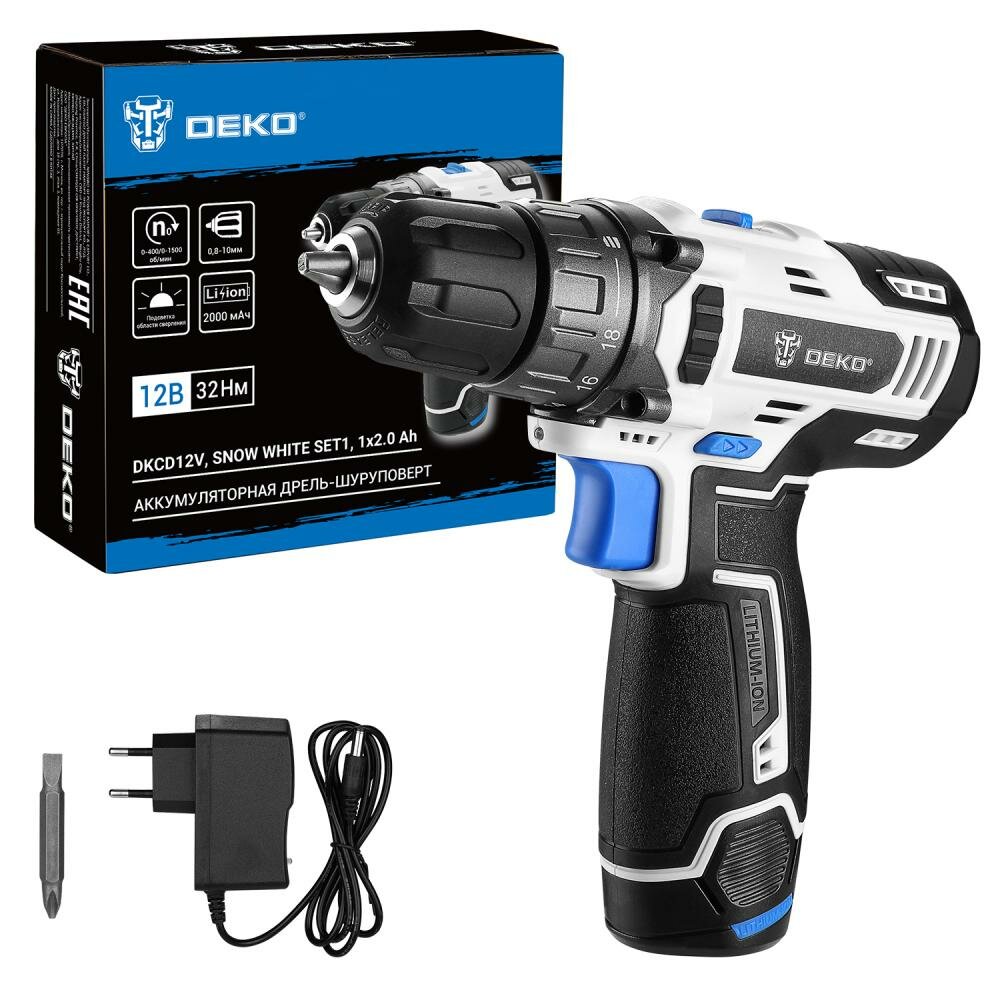 Аккумуляторная дрель-шуруповерт DEKO DKCD12V SNOW WHITE SET1, 1х2.0 Ач 083-1106