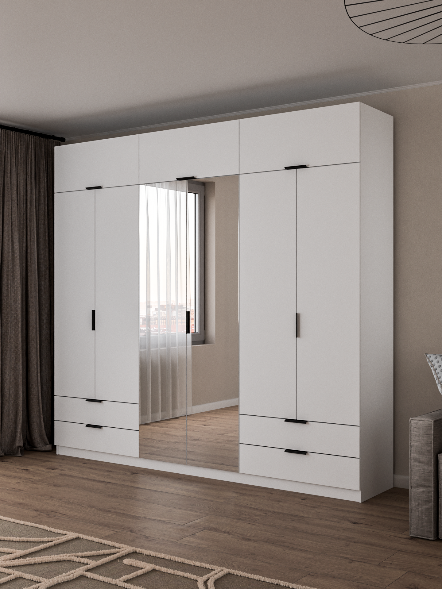 Шкаф распашной Зарина| Корпус ЛДСП Белый| Фасад ЛДСП Белый/Зеркало| Ручка черная