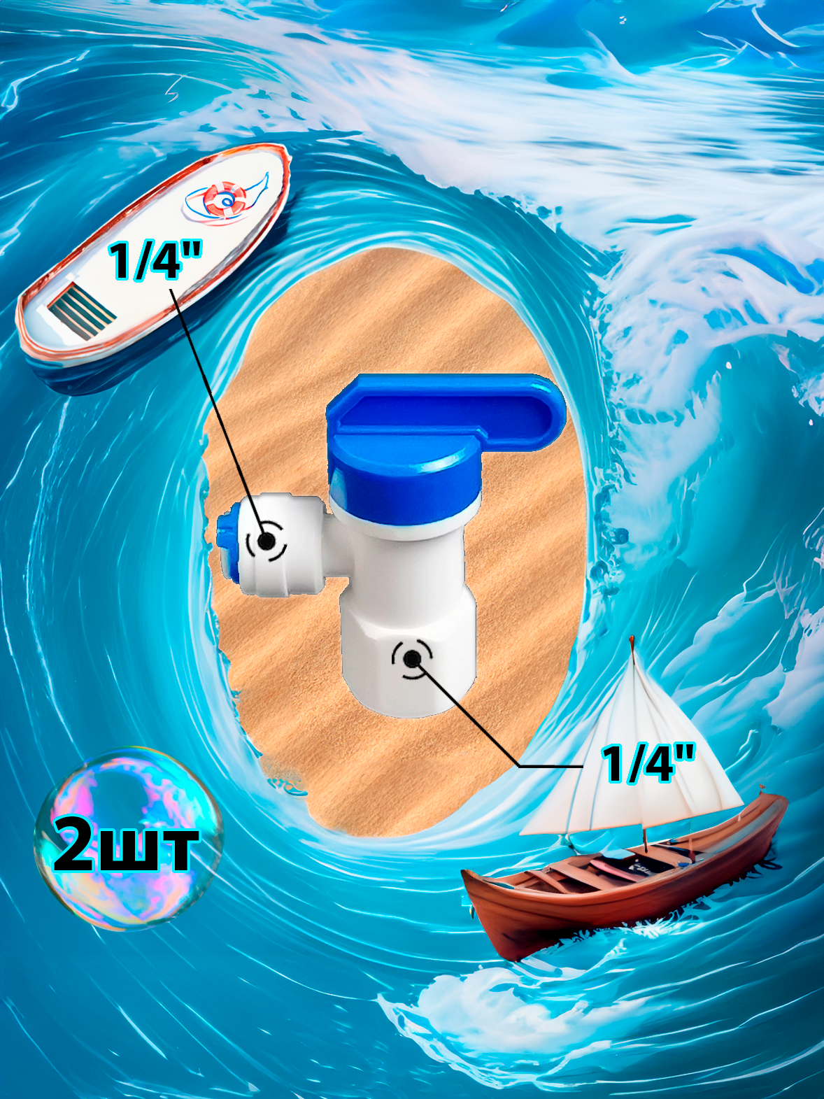 Кран для накопительного бака Г-образный угловой 1/4" трубка - 1/4" внутренняя резьба (фитинги съемные для осмоса и фильтра) 2шт.