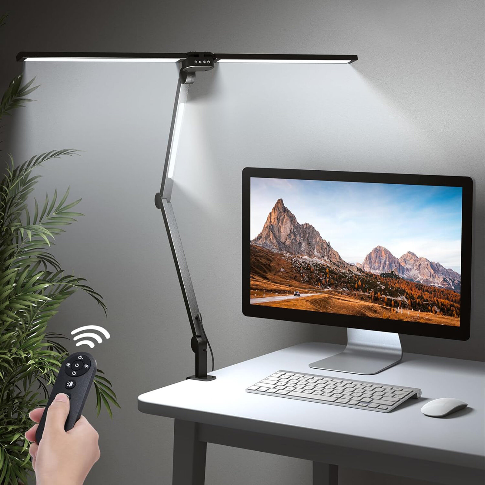 Настольная лампа с клеем 272 светодиода, регулируемая яркость, двойной подвесной кронштейн, 4 температуры цвета, 3000-6000K±275K, 1500Лм±200Лм, CRI 95+, управление касанием и дистанционным пультом, 24В 1А, 24Вт, алюминиевый профиль и пластик, черный