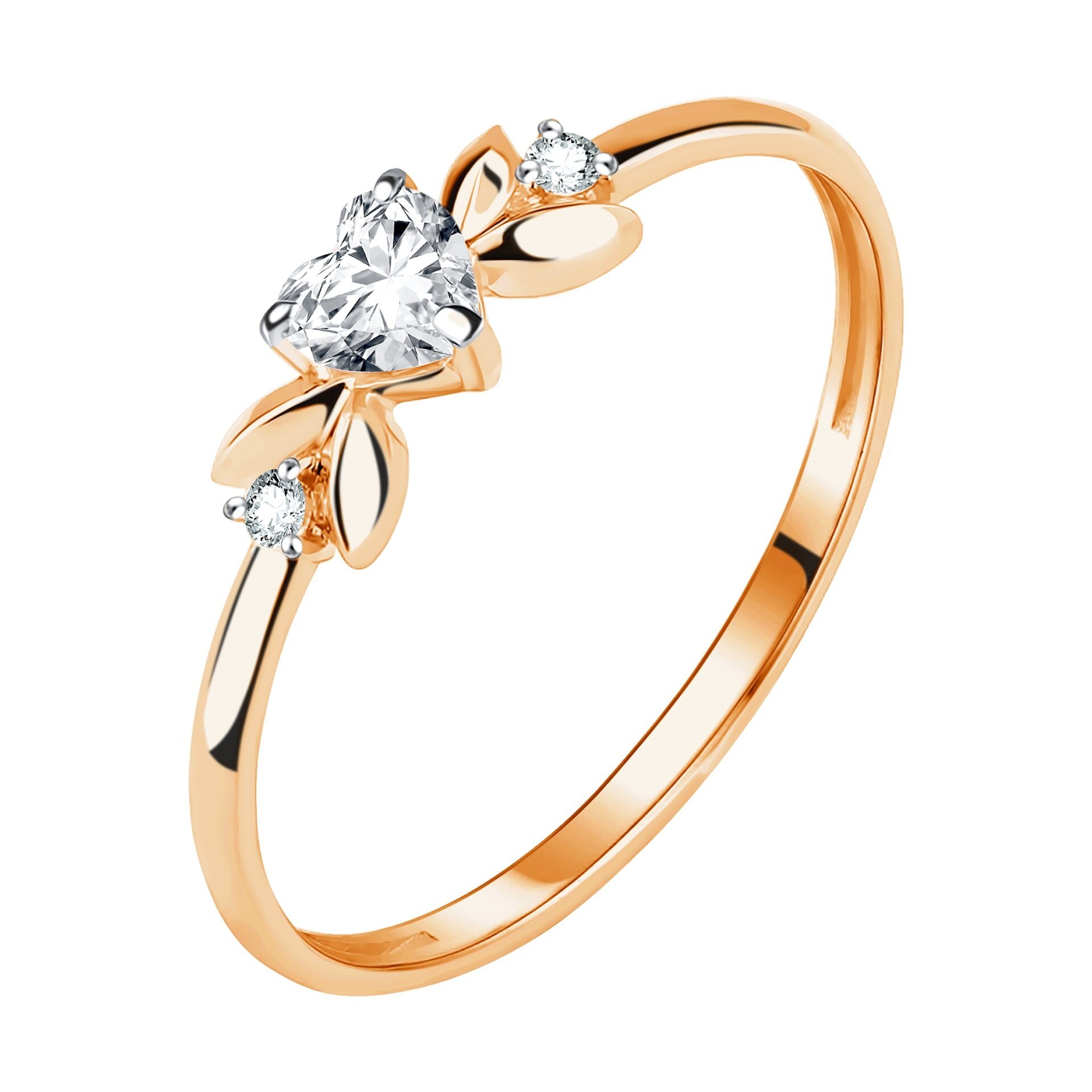 Кольцо тонкое, помолвочное, красное золото, 585 проба, родирование, фианит