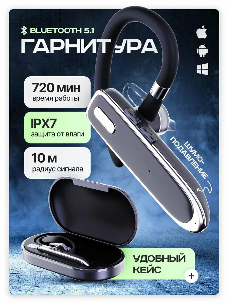 Беспроводная гарнитура, с микрофоном, Bluetooth, арматурные, динамические, серые