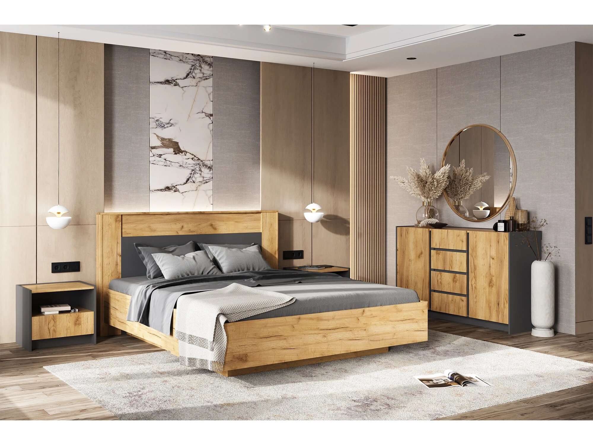 Спальня с кроватью 160 (ортопед. основание), композиция 2, Дуб крафт/графит