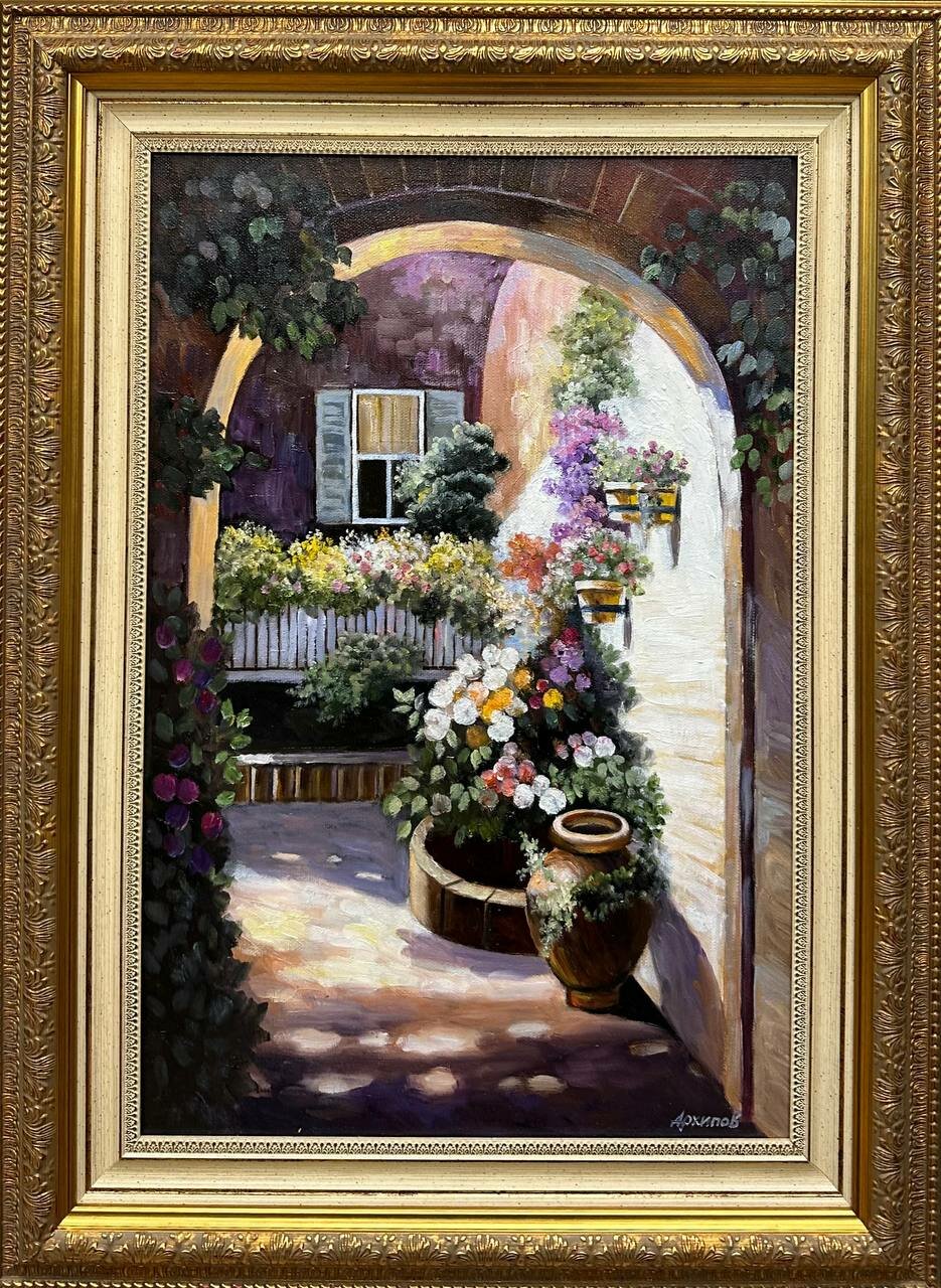 Картина маслом на холсте, городской пейзаж "Цветочный дворик", 60х40 см.