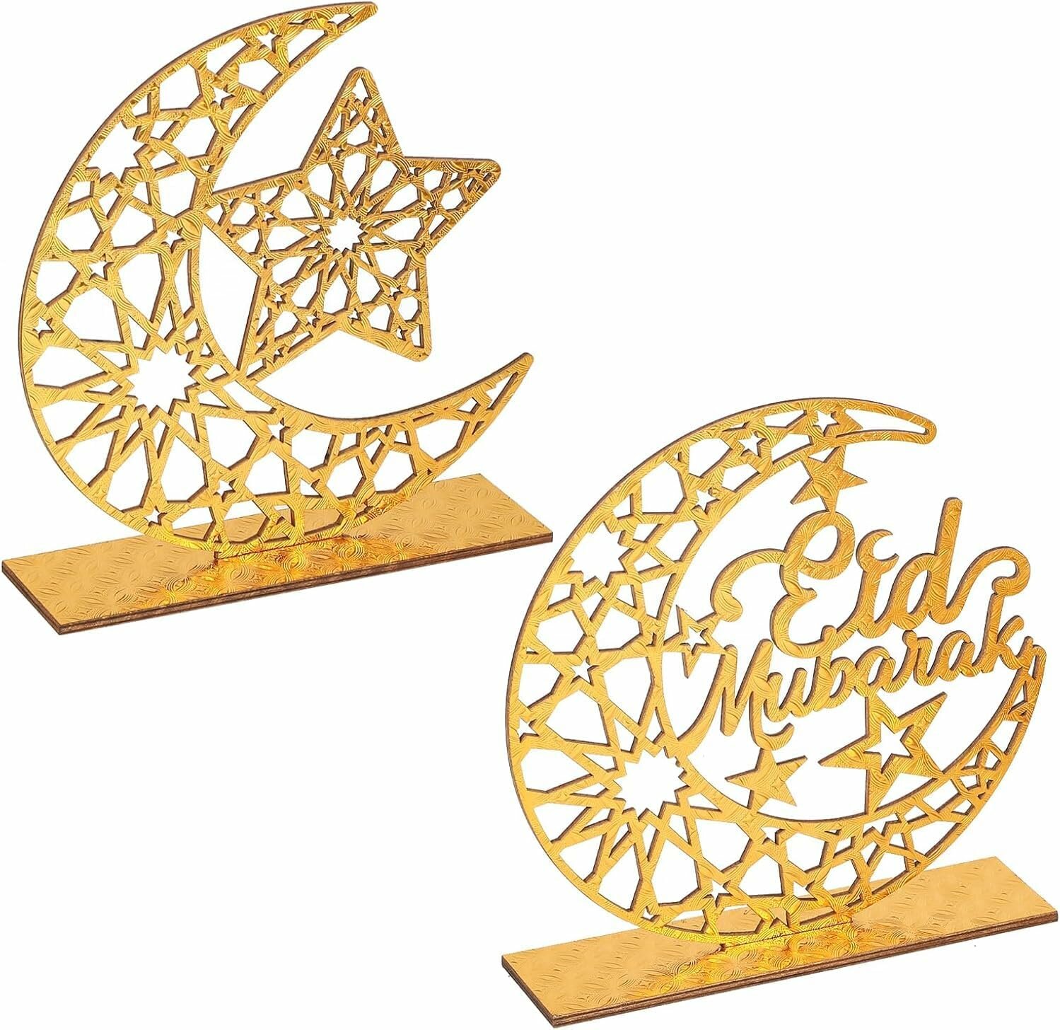 2 Pieces Wood Ramadan Decorations Islamic Eid Mubarak Kareem Table Sign Moon Hollow Star Ornament for Muslim Party Tabletop Decor Home Art Craft Decoration-House